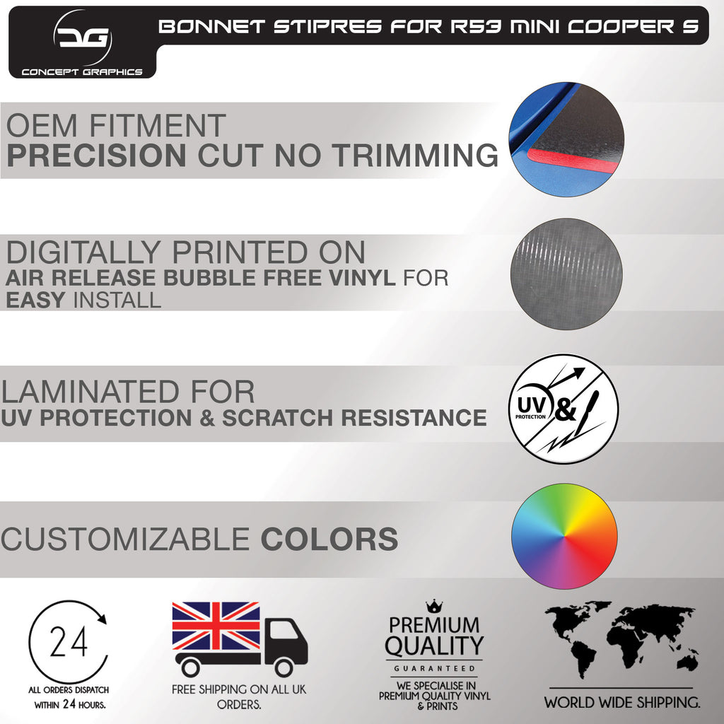 Mini Cooper S R53 Supercharged Bonnet Stripe Decals | Concept Graphics
