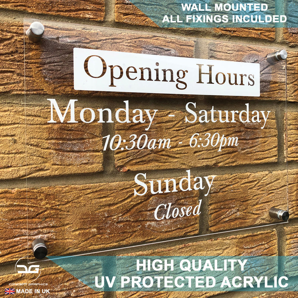 Bespoke Wall Mounted Acrylic Opening Times Sign | Concept Graphics