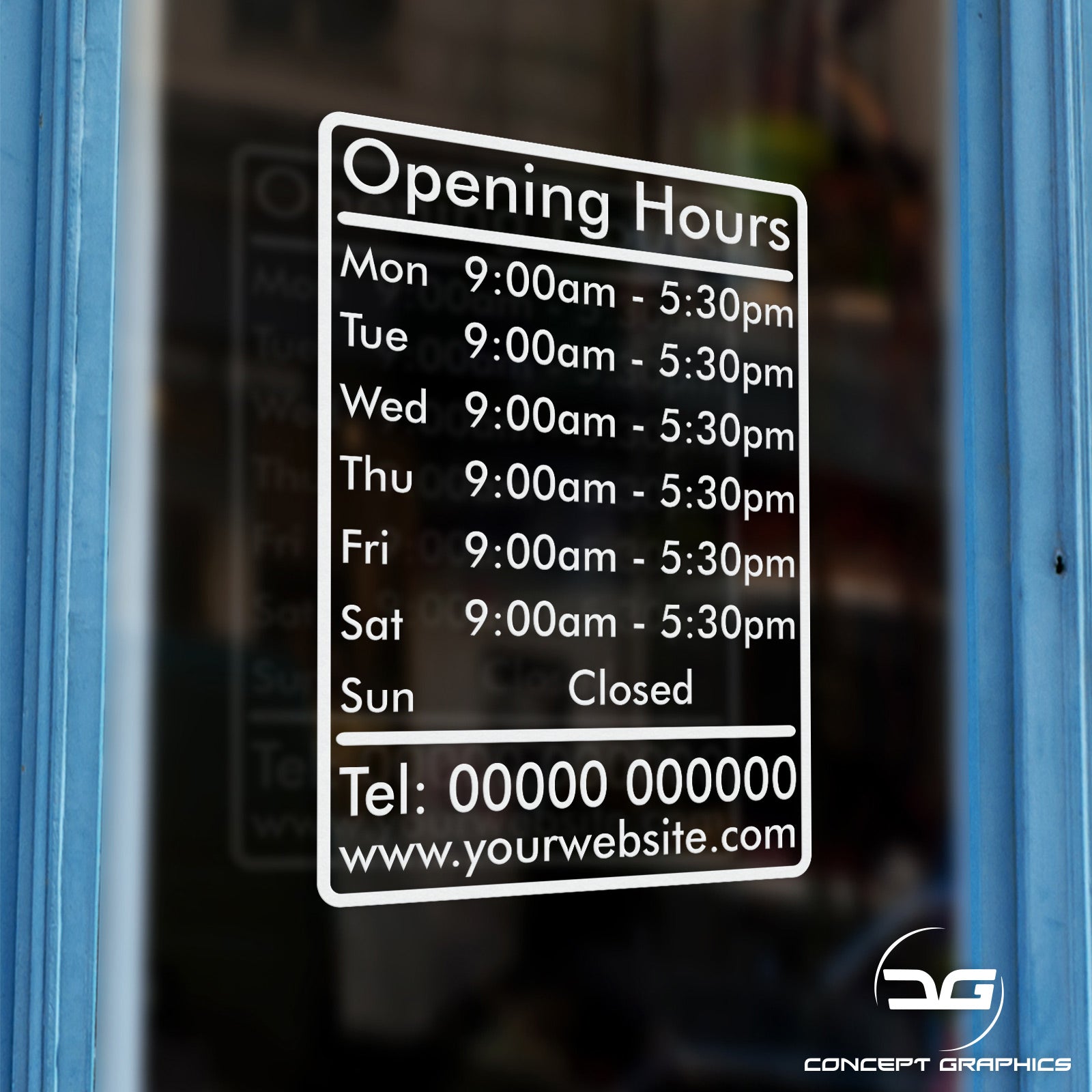 Personalised Custom Opening Hours Vinyl Decal Sign | Concept Graphics