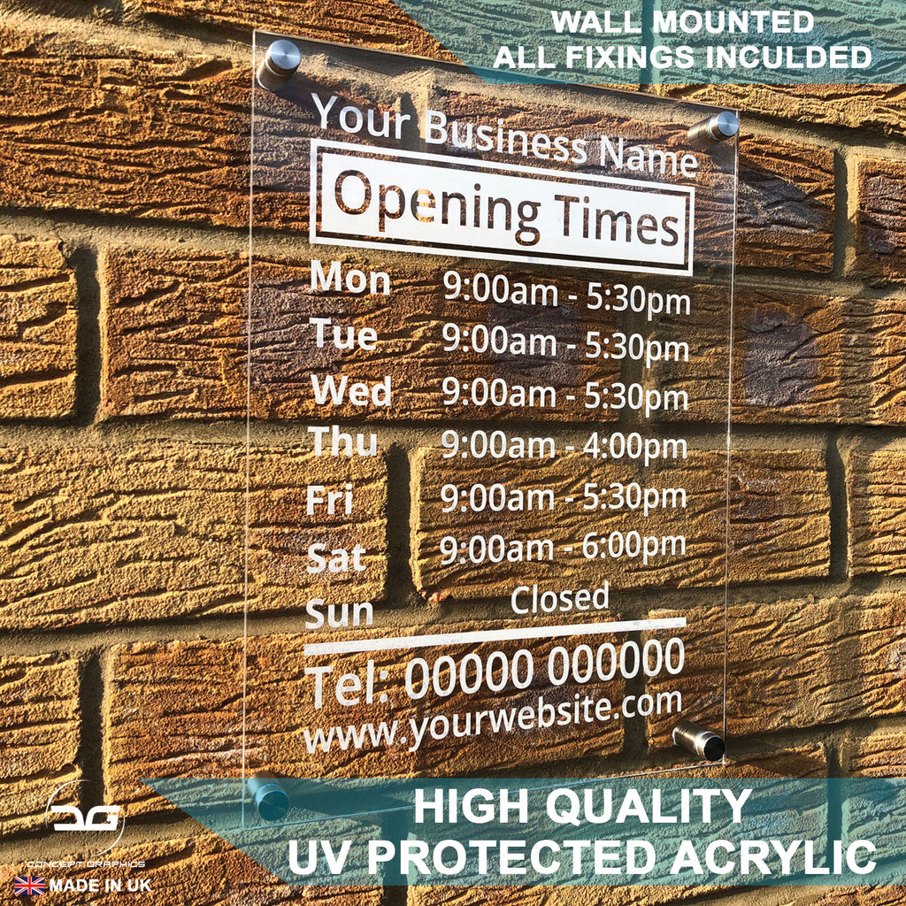 Custom Wall Mounted Acrylic Opening Times Sign | Concept Graphics