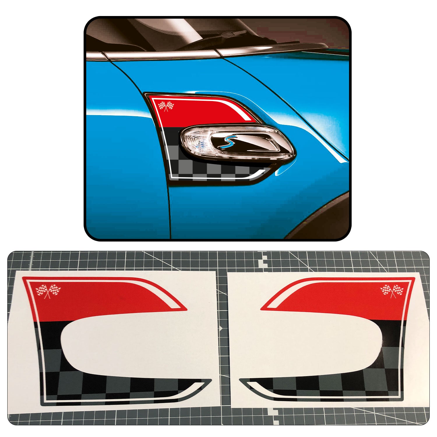 Mini Cooper F56 Chequered Flag Side Trim Sticker Inlays | Concept Graphics