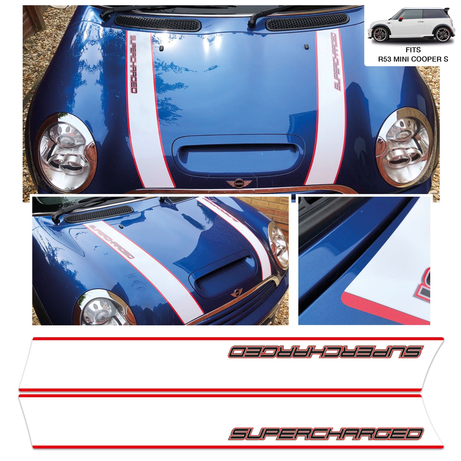 Mini Cooper S R53 Supercharged Bonnet Stripe Decals | Concept Graphics