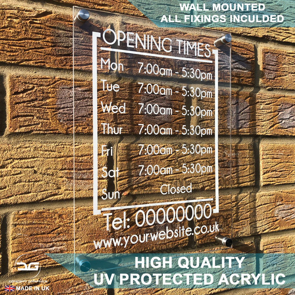 Modern Wall Mounted Acrylic Opening Times Hour Sign | Concept Graphics