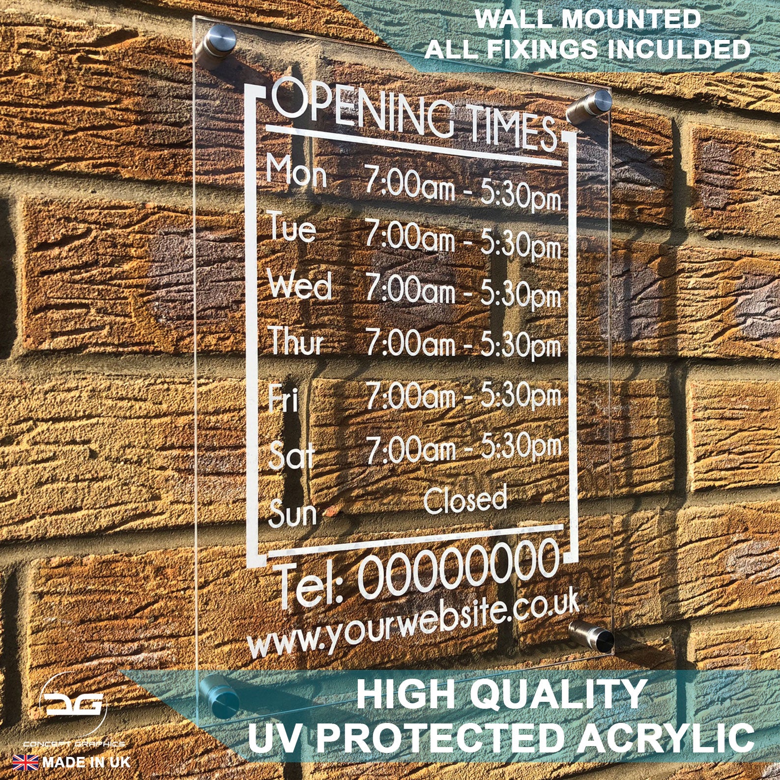 Modern Wall Mounted Acrylic Opening Times Hour Sign | Concept Graphics