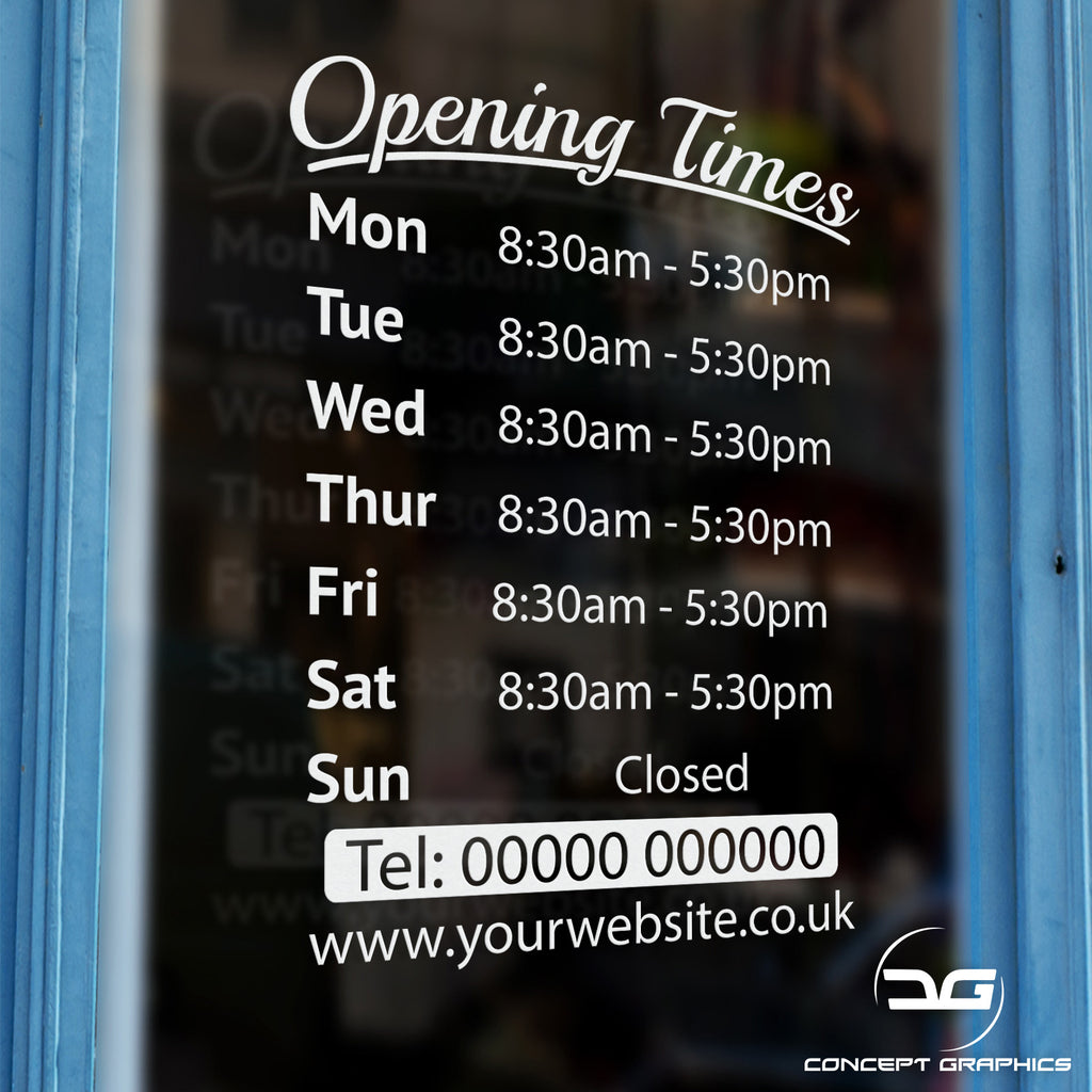 Personalised Custom Opening Hours Vinyl Decal Sign | Concept Graphics