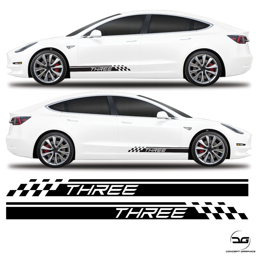 Tesla Model 3 Chequered Racing Side Stripe Graphics | Concept Graphics