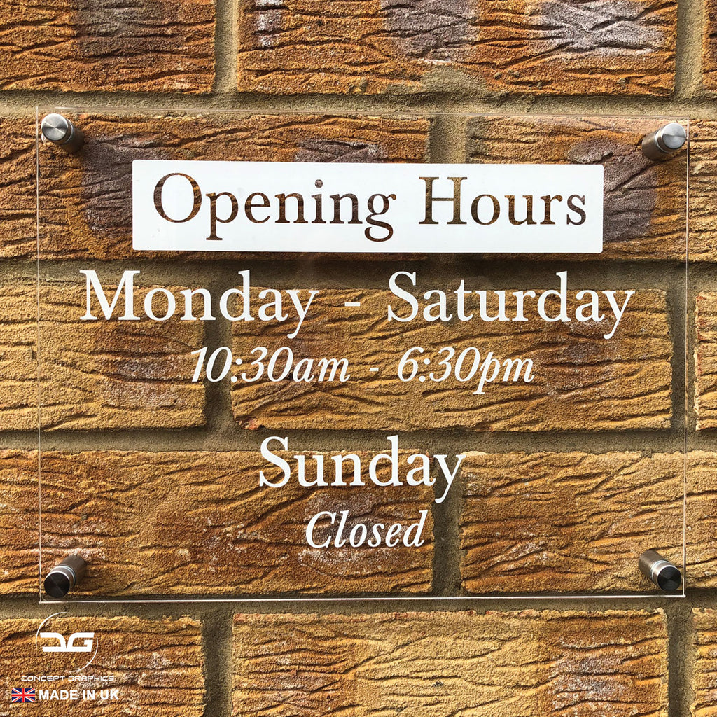 Bespoke Wall Mounted Acrylic Opening Times Sign | Concept Graphics