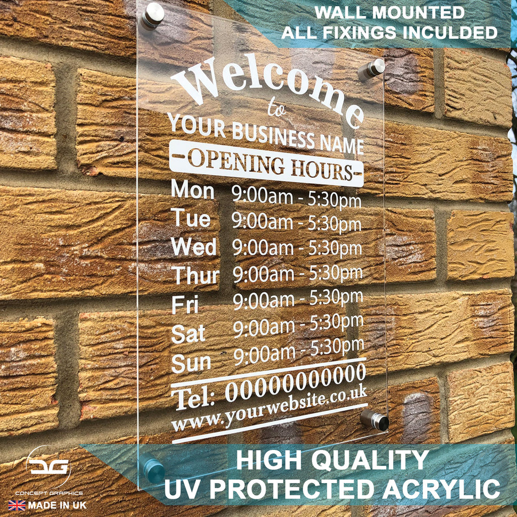 Acrylic Wall Mounted Custom Opening Times Sign | Concept Graphics